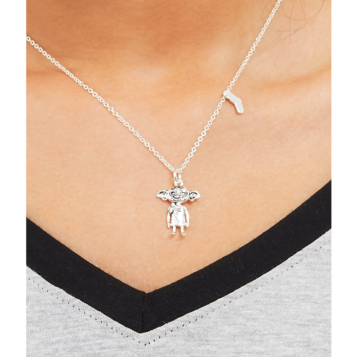 Harry Potter Dobby House Elf and Sock Necklace, Silver Plated, 18"