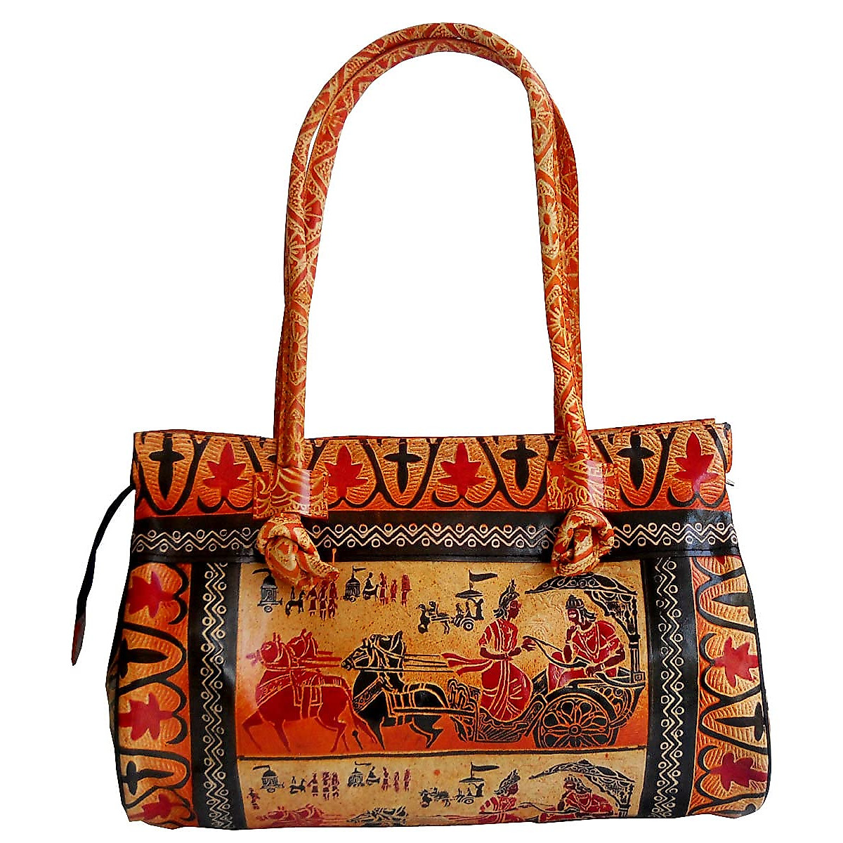 Crafts of India Krishna giving Gita Updesa to Arjuna Design Ethnic Hand Embossed Shantiniketan Leather Indian Shoulder Bag