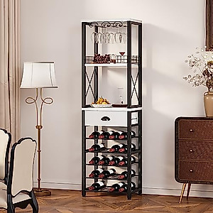 Homeiju Wine Rack Freestanding Floor, Bar Cabinet for Liquor and Glasses, 4-Tier bar Cabinet with Tabletop, Glass Holder, Storage Drawer and Wine Storage for Living Room, Home Bar(Patent No.D29872845)