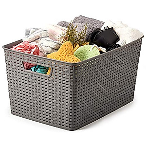 EZOWare 3 Pack X-Large Gray Woven Plastic Storage Baskets, Organizer Knit Basket Bin Boxes with Handle - 16.5x11.4x8.7 inch