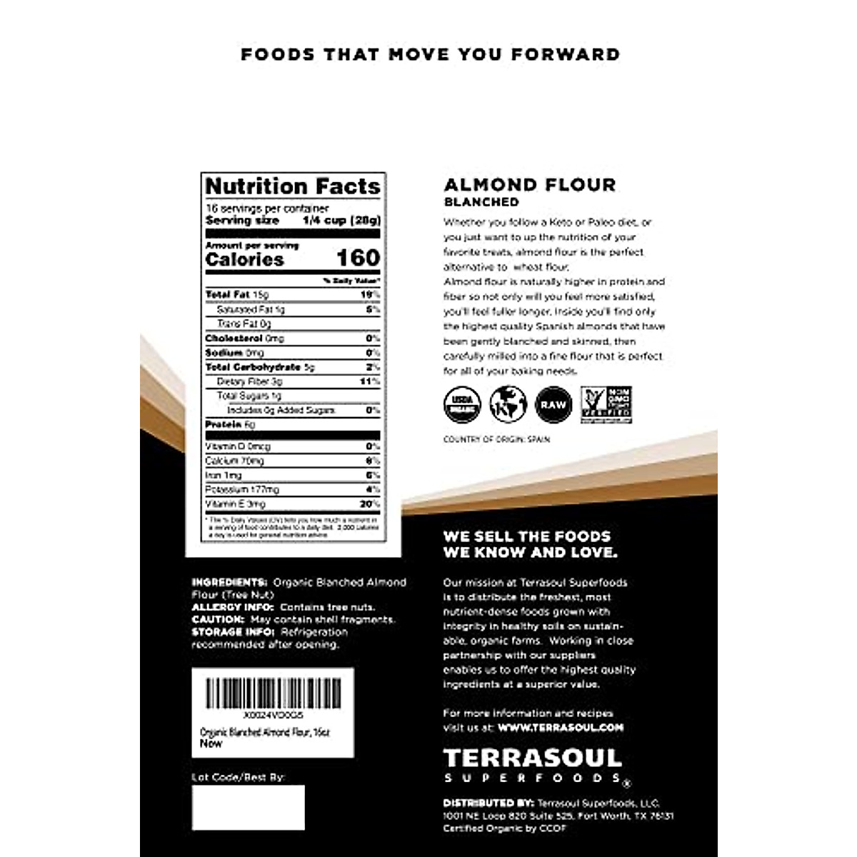 Terrasoul Superfoods Organic Almond Flour, 1 Lb - Fine Texture | Grain-Free | Gluten-Free | Perfect for Keto Baking