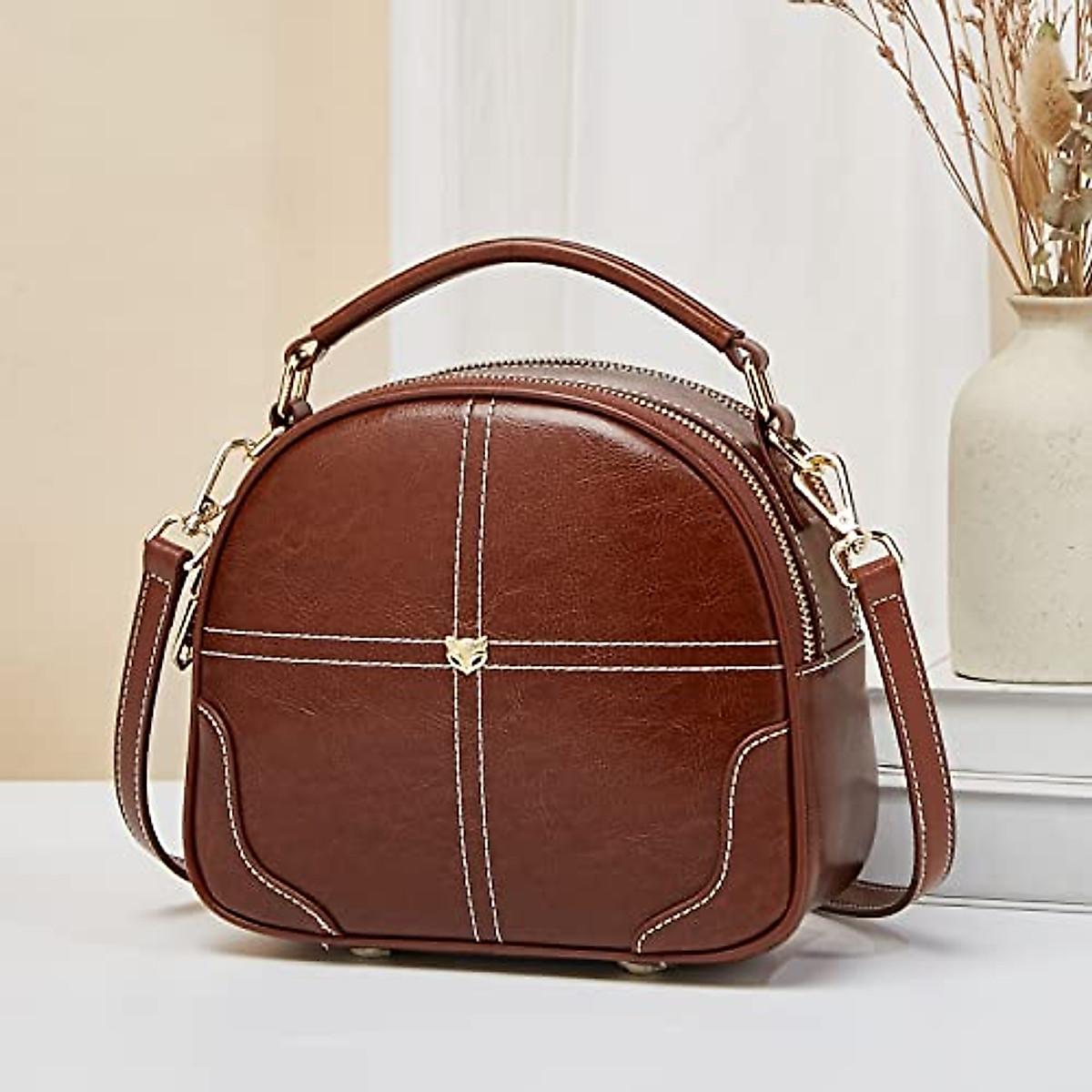 Small Leather Handbags for Women, Genuine Leather Ladies Mini Top-handle Zipper Bags with 2 Type Adjustable Shoulder Strap Women's Fashion Messenger Chain Bags Girls Casual Compact Satchel (Brown)