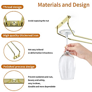 MATILODI 2 Pack 13.8-Inch Long Single Rail Metal Wine Glass Rack - Under Cabinet Gold Stemware Wine Glass Holder with Gold Screw - Metal Wire Wine Glass Hanger for RV Cabinet Kitchen Bar (Gold,2)