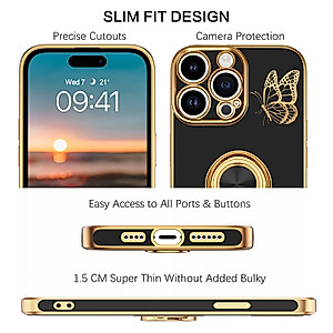 BENTOBEN for iPhone 14 Pro Max Case with Ring Holder, Butterfly Design Women Girl Phone Case Slim Fit Luxury Shockproof Non-Slip Support Car Mount Protective Case for iPhone 14 Pro Max 6.7",Black