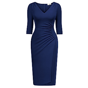 AISIZE Women's Classic V Neck 3/4 Sleeve Work Business Dress Navy Blue