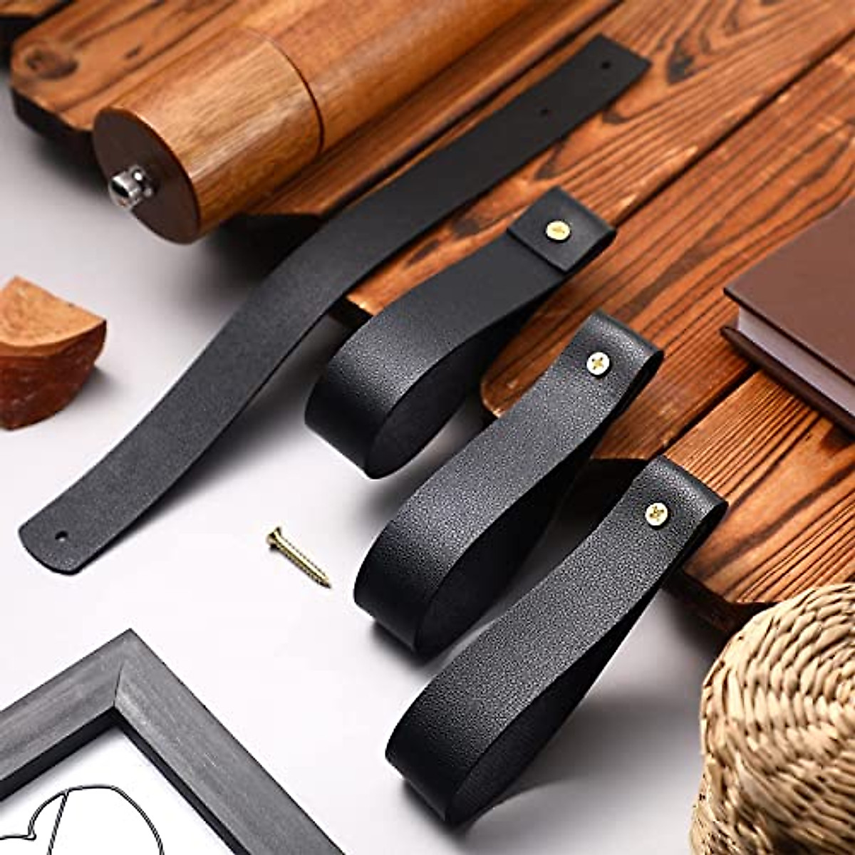 Yookeer 8 Pcs Artificial Leather Wall Hooks 1 x 4.7 Inches Wall Hanging Strap Wall Mounted Loop for Hanging Leather Strap Hangers for Bathroom Kitchen Bedroom Towel Holder Supplies (Black)