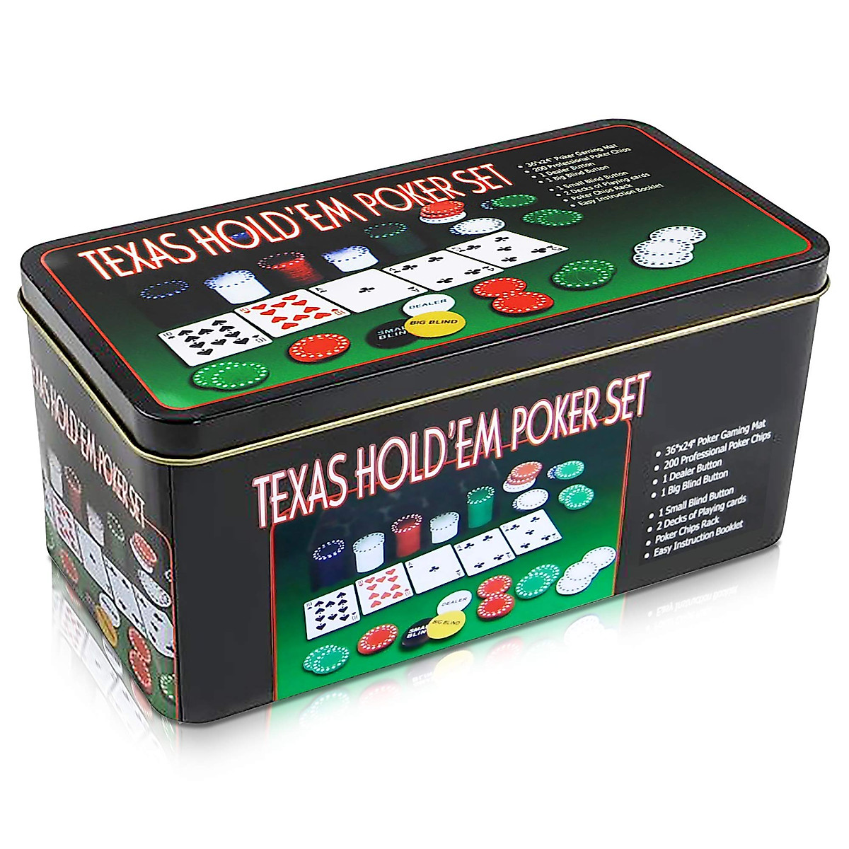 Gamie Texas Holdem Poker Game Set - Includes Hold’em Mat, 2 Card Decks, Chips, Chip Holder and Tin Storage Box - Fun Game Night Supplies - Cool Casino Gift for Kids & Adults