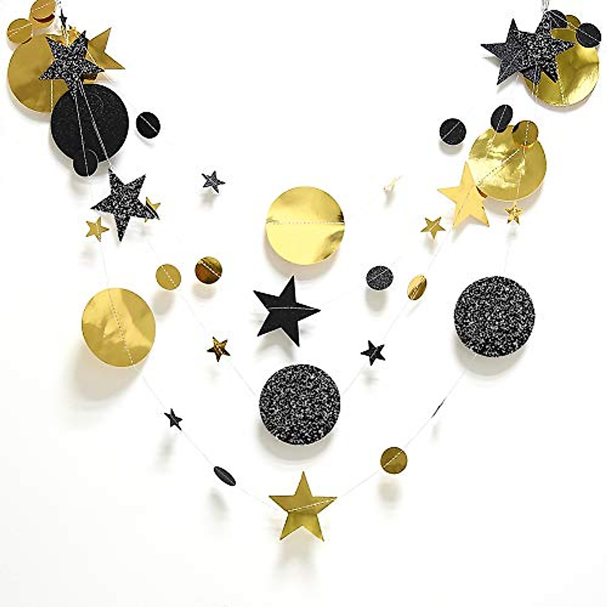 Black Gold Party Decorations Moon Star Garland Hanging Stars Circle Streamer Banner Backdrop Decor for Ramadan Wedding Birthday Bachelorette Bridal Shower New Year EID Graduation Party Supplies