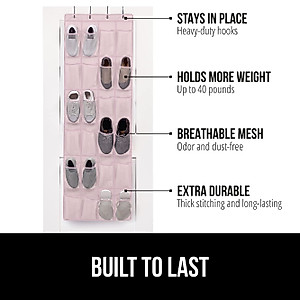 Gorilla Grip Slip Resistant Breathable Space Saving Mesh Large 24 Pocket Shoe Organizer, Up to 40 Pounds, Over the Door, Sturdy Closet Storage Rack Hangs on Closets for Shoes, Sneakers, Lt Pink