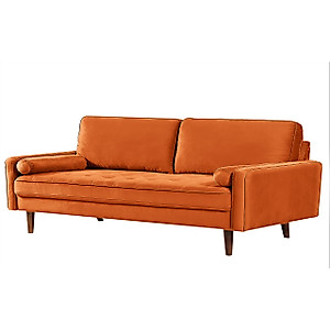 US Pride Furniture Velvet Tufted Sofa, Iconic Mid-Century Style Living Room Furniture with Contemporary Silhouette, Button Tufting and Wood Legs, Includes 2 Bolster Pillows, Couch, Orange