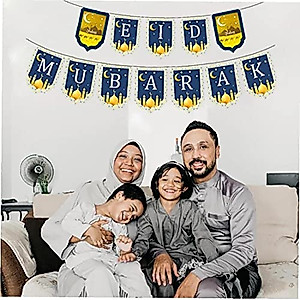 Froiny Eid Mubarak Bunting Banner Blue Muslim Islamic Decorations with Star and Moon Garlands for Ramadan Kareem Party Supplies