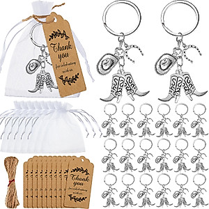 151 Pcs Cowboy Western Party Favors Cowboy Keychain Western Keychain Cowboy Hat Boot Horse Shoe Keyring with Organza Bags Thank You Tags and Rope for Guests Engagement Western Party Favor Supplies