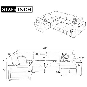 Merax L-Shaped Pull-Out Sleeper Sofa Bed with 2 USB Ports, Chenille U-Shaped Sectional Sofa with 4 Back Pillows, a Storage Chaise Lounge for Living Room (Beige)