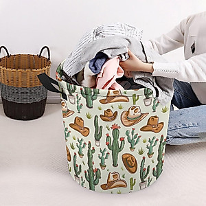 TsyTma Western Themed Cactus Laundry Basket Cowboy Small Laundry Hamper Collapsible Clothes Hamper with Handles Round Toy Organizer Bin for Kid's Room Office Nursery Hamper Home Decor