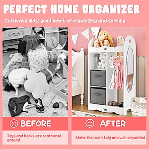 Costzon Kids Dress up Storage Wardrobe, Toddler Armoire Dresser Wardrobe W/Mirror & Cloth Hanger, Cute Crown Patterns, Pretend Costume Closet Toy Organizer, Perfect for Kids Bedroom, Playroom (White)