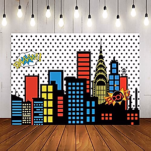 Art Studio 8x6ft Superhero Super City Photography Backdrops Skyline Buildings City Boom Photo Background Children Birthday Party Banner Photo Studio Booth Cake Table Decor