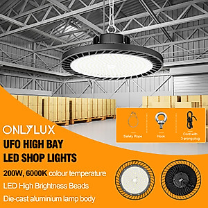 ONLYLUX Super Bright LED High Bay Lights 200W, 30000LM 6500K UFO High Bay Led Shop Lights AC100-277V with Plug Industrial Warehouse Workshop Factory Barn Garage Area Lighting Fixture - 8 Pack