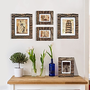 IKEREE 8x10 Rustic Wood Picture Frame with Real Bark，Solid Wood High Definition Glass,Tabletop or Wall Mounting for Farmhouse Decor.