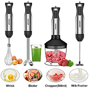 Immersion Hand Blender,5 in1 Emulsion Blender 800W 20 Speed, 500ML Chopper, 600ML Beaker, Stainless Steel Whisk and Milk Frother for Smoothie, Baby Food, Sauces,Puree, Soup,Milk coffee（BPA-free）