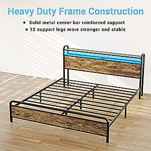DICTAC Queen Bed Frame with Storage Headboard and Charging Station Led Bed Frame Queen Size with Headboard Storage,Metal Platform Bed Frame with LED Lights,No Box Spring Needed,Rustic Brown