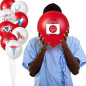 48 Pieces Nurse Balloons 12 Inch Red and White Nursing Latex Balloons Nurse Graduation Decoration for Nurse Party Decoration Supplies