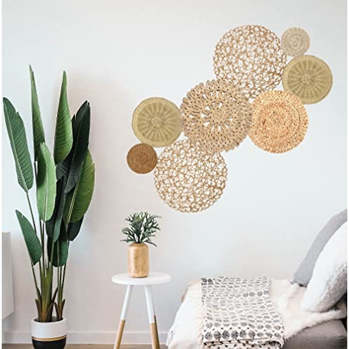 Boho Wall Basket Decor set of 8 (Size: 4.3"-15"), Handmade Boho Wall Baskets Decor, Woven Seagrass Wicker Rattan Flat African Baskets Wall Hanging Decor