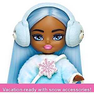Barbie Extra Mini Minis Travel Doll with Blue Hair, Ombre Sweater Dress, Pastel Earmuffs, Snow Boots & Snow Accessories, 3.25-inch