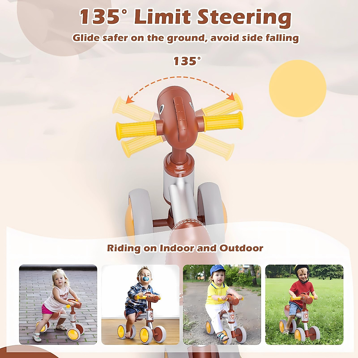 TWFRIC Balance Bike for 1+ Year Old Boys Girls, Toddler Balance Bike 12-36 Month No Pedal 4 Wheels Ride-on Baby Bike Riding Toys for 1 Year Old Birthday Gifts(Brown)