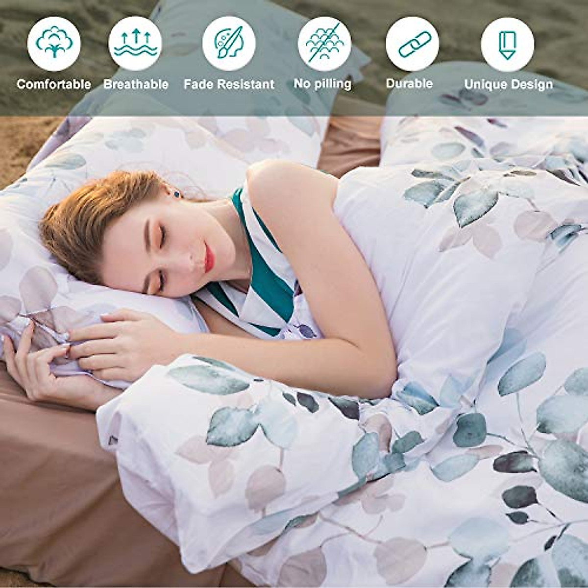 MILDLY Duvet Cover Queen Size 100% Egyptian Cotton Gradient Teal Leaves Plant Pattern Comforter Cover Ultra Soft & Breathable Unique Design Farmhouse Bedding Set (1 Queen Duvet Cover + 2 Pillow Shams)