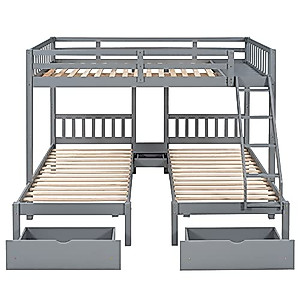 RUNWON Full Over Twin Wood Triple Bunk Bed with 2 Drawers for Kids Adults Bedroom,Detachable to 3 Platform Beds,No Box Spring Needed