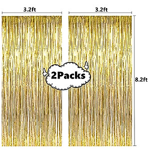 Gold Metallic Tinsel Foil Fringe Curtains | 2pcs 3.2ft x 8.2ft Gold Backdrop Party Streamers for Birthday Wedding Engagement Bridal Shower Baby Shower Bachelorette Party Decorations