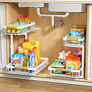 PXRACK 2 Pack Under Sink Organizer,Adjustable Height,2 Tier Pull Out Under Cabinet Organizer,Slide Out Thickened Metal Under Sink Storage for Kitchen Bathroom Laundry Cabinet Pantry,White