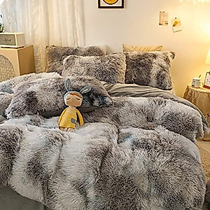 Jameswish Shaggy Plush Duvet Cover Set Super Soft Fluffy Faux Fur Comforter Cover Set Luxury Fuzzy Bedding Set 3 Piece(1Duvet Cover+2Pillowcases) with Zipper Closure(Queen Size,Gray White Ombre)