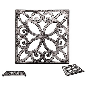 Comfify Decorative Cast Iron Trivet for Kitchen Or Dining Table | Square with Vintage Pattern - 6.5 x 6.5 | with Rubber Pegs/Feet - Recycled Metal | Vintage, Rustic Design - Rust Silver Color