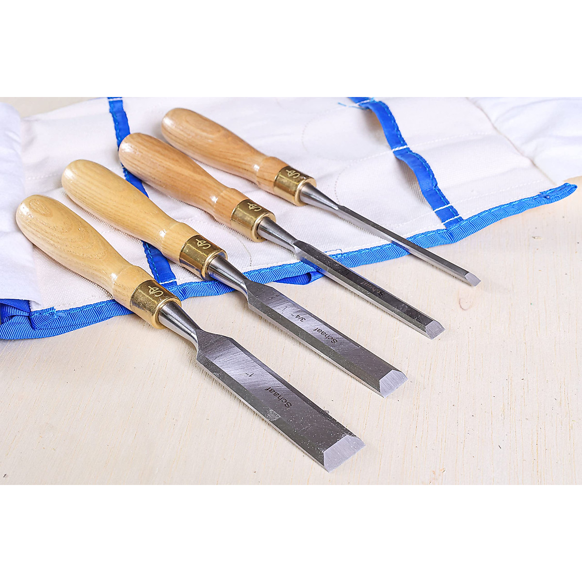 Schaaf Tools 4-Piece Wood Chisel Set | Finely Crafted Wood Chisels for Woodworking | Durable Cr-V Steel Bevel Edged Blade, Tempered to 60HRc | Tool Roll Included