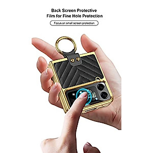 BAILI Samsung Galaxy Z Flip4 Leather Case with Finger Ring Holder Built-in Camera Cover & Screen Protector Samsung Z Flip4 Cover V Shape Pattern Design Leather Case for Z Flip 4 5G-Black