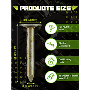 Sadnyy 600 Count Coil Roofing Nails 3/4-1-1/4 in 15 Degree Coil Roofing Nails Stainless Steel Siding Nails with Smooth Ring Shank for Roof Lathing Sheathing Material (3/4 inch x 0.12 inch)