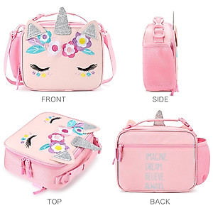mibasies Unicorn Lunch Bag Kids Insulated Lunch Box for Girls with Water Bottle Holder and Shoulder Strap (Leather Pink)