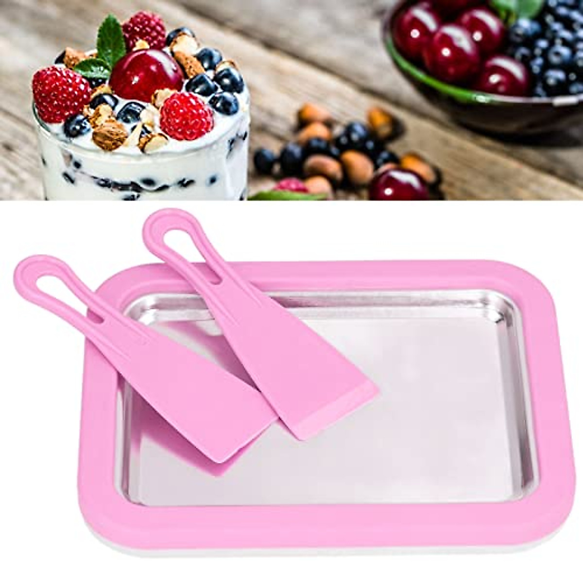 TOUISEDGI Ice Cream Maker, Ice Cream Roller Plate With 2 Spatulas, Food Grade Stainless Steel Pan Ice Cream Machine, Fried Yogurt Machine Mini Unplugged Fruit Rolled Ice Cream Maker(pink)