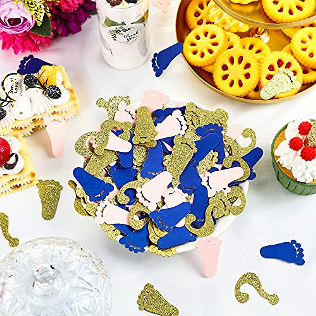 Gender Reveal Confetti for Baby Shower Baby Footprint Confetti Foot Print Question Mark Baby Sprinkles Decorations for Birthday Party Wedding Table Supplies, Pink, Gold, Dark Blue (200 Pieces)