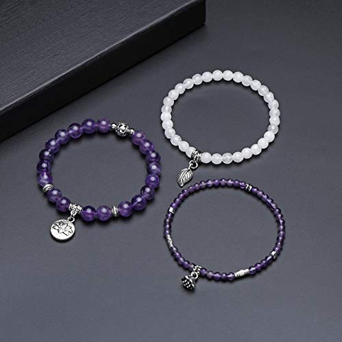 Jovivi 3pcs Amethyst Crystal Beaded Chakra Bracelet Natural Healing Energy Beads Stone Therapy Reiki Stackable Stretch Bracelets Set for Women