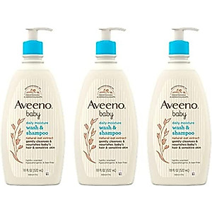 Aveeno Baby Daily Moisture Gentle Bath Wash & Shampoo with Natural Oat Extract, Hypoallergenic, Tear-Free & Paraben-Free Formula for Sensitive Hair & Skin, Lightly Scented, 18 Fl Oz (Pack of 3)