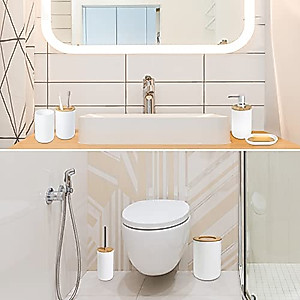 6 Pcs White Bathroom Accessories, Bamboo Bathroom Accessories, Includes Soap Dispenser, Toothbrush Holder,Rinse Cup,Soap Dish, Waste Bin,Toilet Brush-Practical Toilet Kit for Home Washing Room (White)