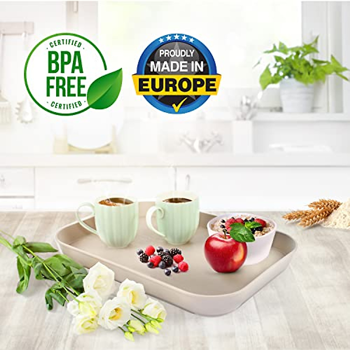 Mueller Serving Tray Reversible European Made Serving Platter, 2in1, Grill Accessories Rectangular Non-Slip Tray, Shatter-Proof, Non-Toxic, for Coffee Table, Kitchen, Outdoors, Dishwasher Safe, Beige