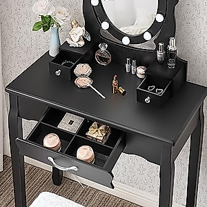 ANWBROAD Makeup Vanity Desk Vanity Set with LED Lighted Mirror Makeup Table Set 10 LED Dimmable Bulbs Cushioned Stool 3 Drawers 3 Dividers for Bedroom Makeup Jewellery Storage Set Black UBDT12B