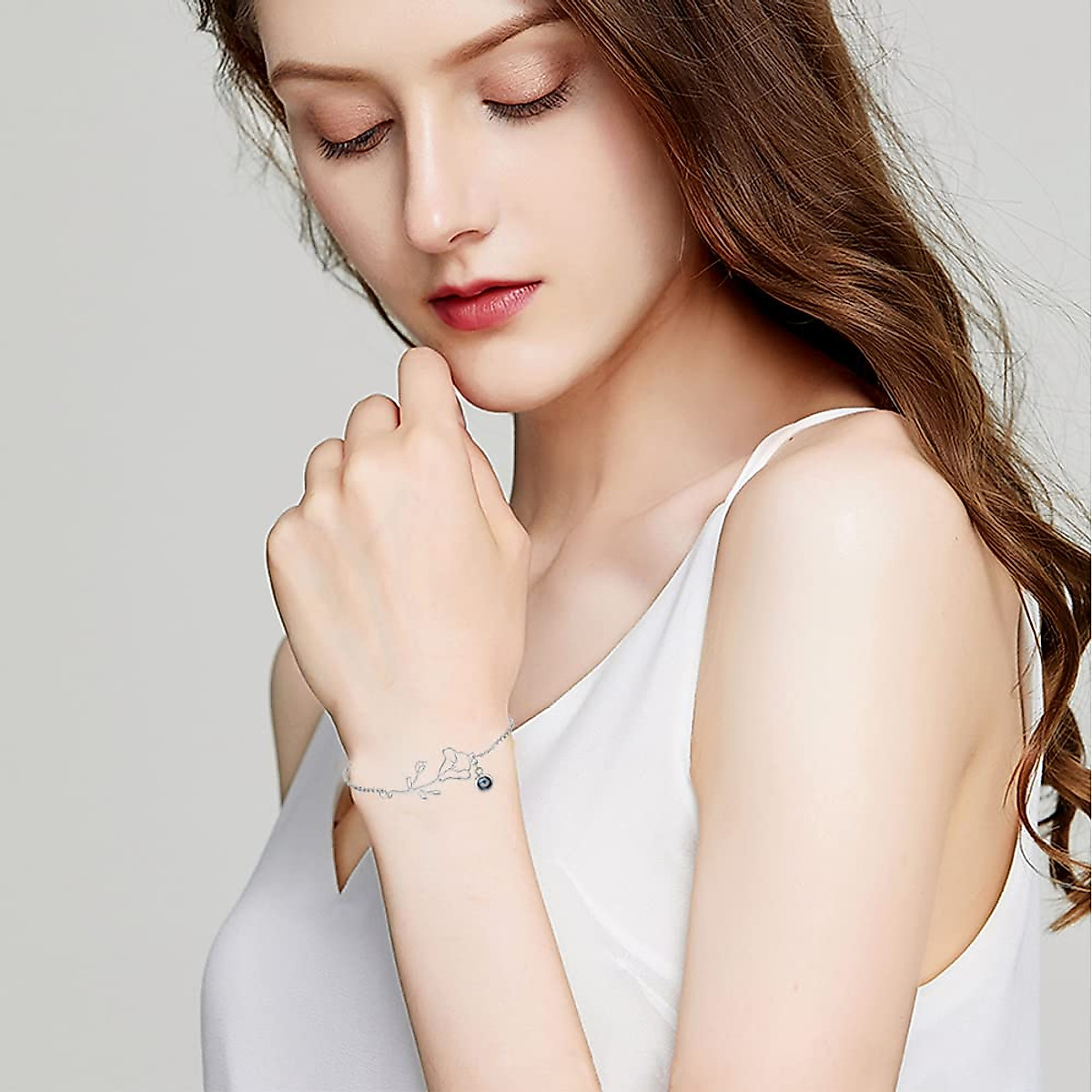 SLIACETE Birth Flower Projection Bracelet Personalized Photo 925 Sterling Silver Custom Picture 100 Languages Jewelry Memorial Gifts For Women Wife Mom