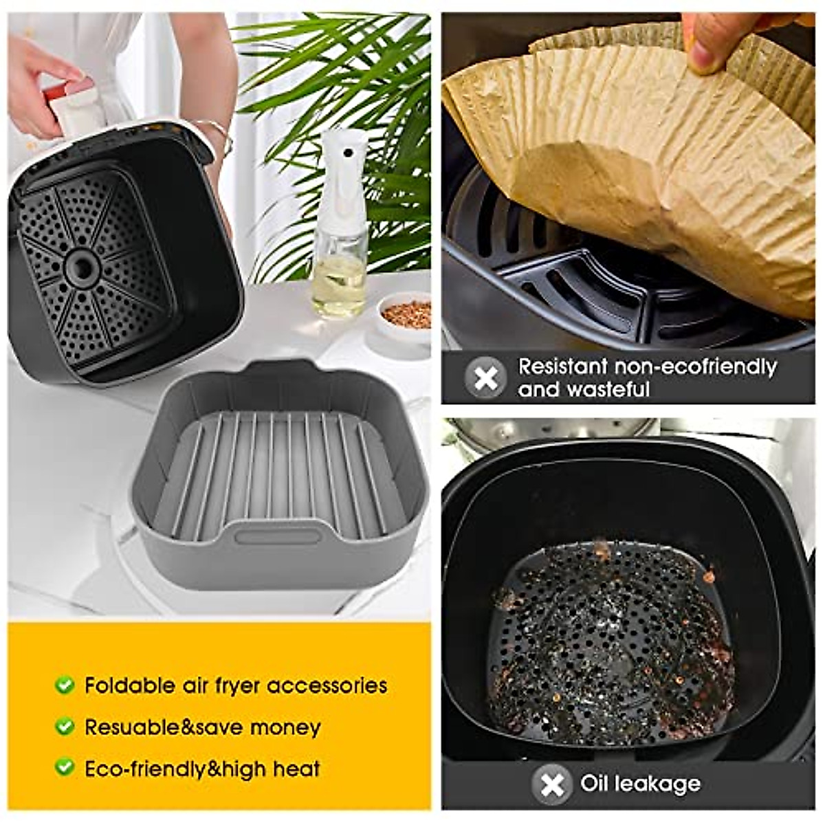 Silicone Air Fryer Basket,8.1inch Air Fryer Silicone Liner Square, Heat Resistant Gloves,Silicone Brush, Food Safe Air Fryer Oven Accessories,Reusable Replacement of Flammable Parchment Liner Paper