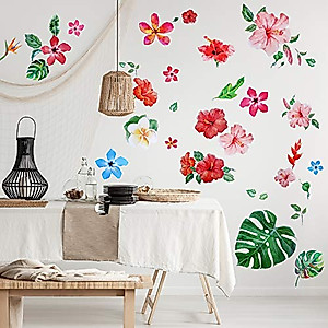 66 Pieces Large Palm Leaves Wall Decals Tropical Hibiscus Flower Peel Removable Stickers Green Plants Fresh Leaves Stickers for Kids Baby DIY Bedroom Living Room Office Bathroom Wall Corner