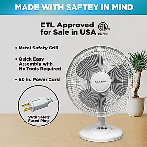 Comfort Zone CZ121WT 12” 3-Speed Oscillating Table Fan with Adjustable Tilt, Convenient Push Button Controls, Quiet Operation, White