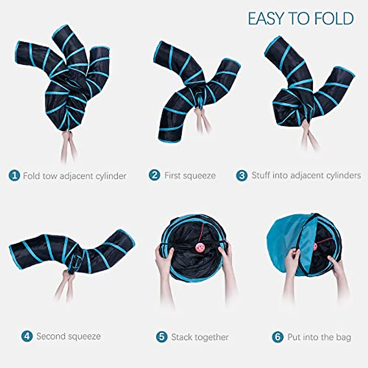 EGETOTA Cat Tunnel for Indoor Cats Large, with Play Ball S-Shape 5 Way Collapsible Interactive Peek Hole Pet Tube Toys, Puppy, Kitty, Kitten, Rabbit (Blue & Black)